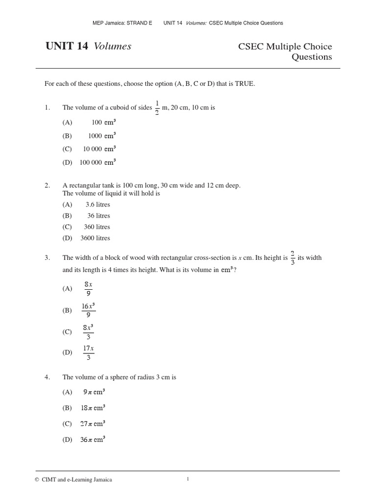 UNIT 14 Volumes: CSEC Multiple Choice Questions | PDF | Volume | Sphere
