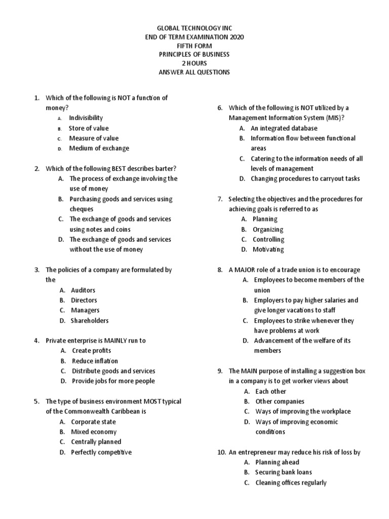 Pob End of Term Exam P 1 | PDF | Banks | Employment