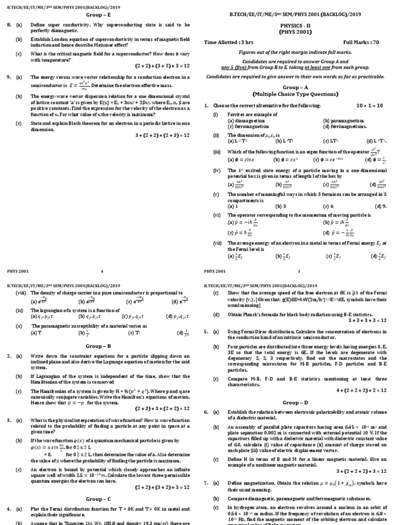 Physics - II (Backlog) Phys 2001 | PDF | Wave Function | Superconductivity