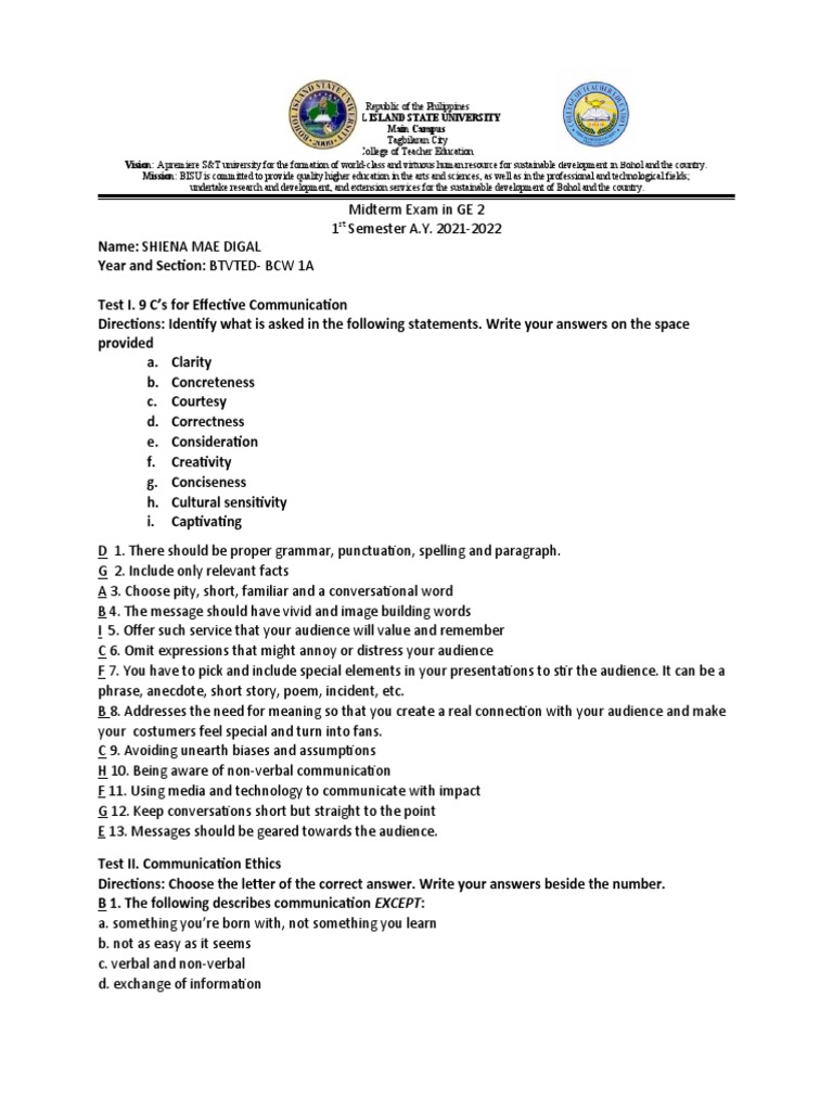 MIDTERM EXAM PURCOM (Digal, Shiena Mae) | PDF | Communication | Integrity