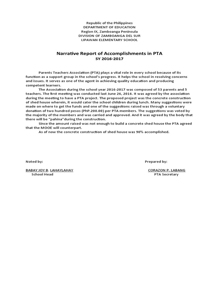 Narrative Report of Accomplishments in PTA | PDF