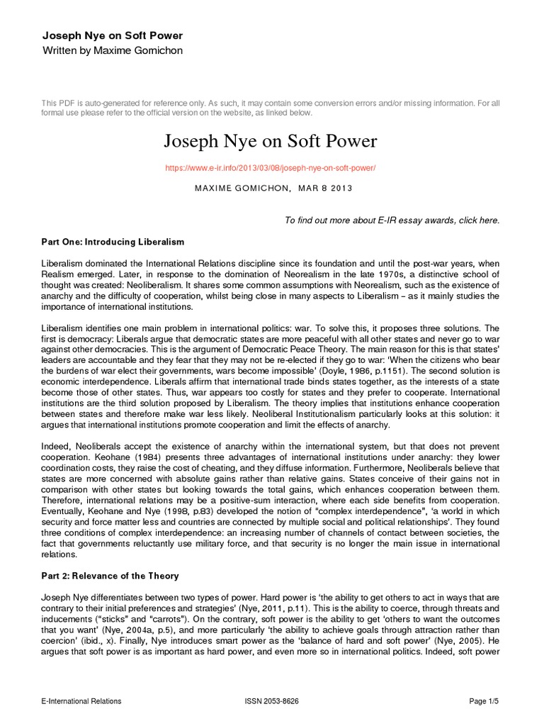 Joseph Nye On Soft Power: Written by Maxime Gomichon | PDF | Soft Power | International Relations