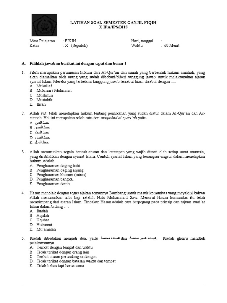 Latihan Soal Semester Ganjil Fiqih X | PDF