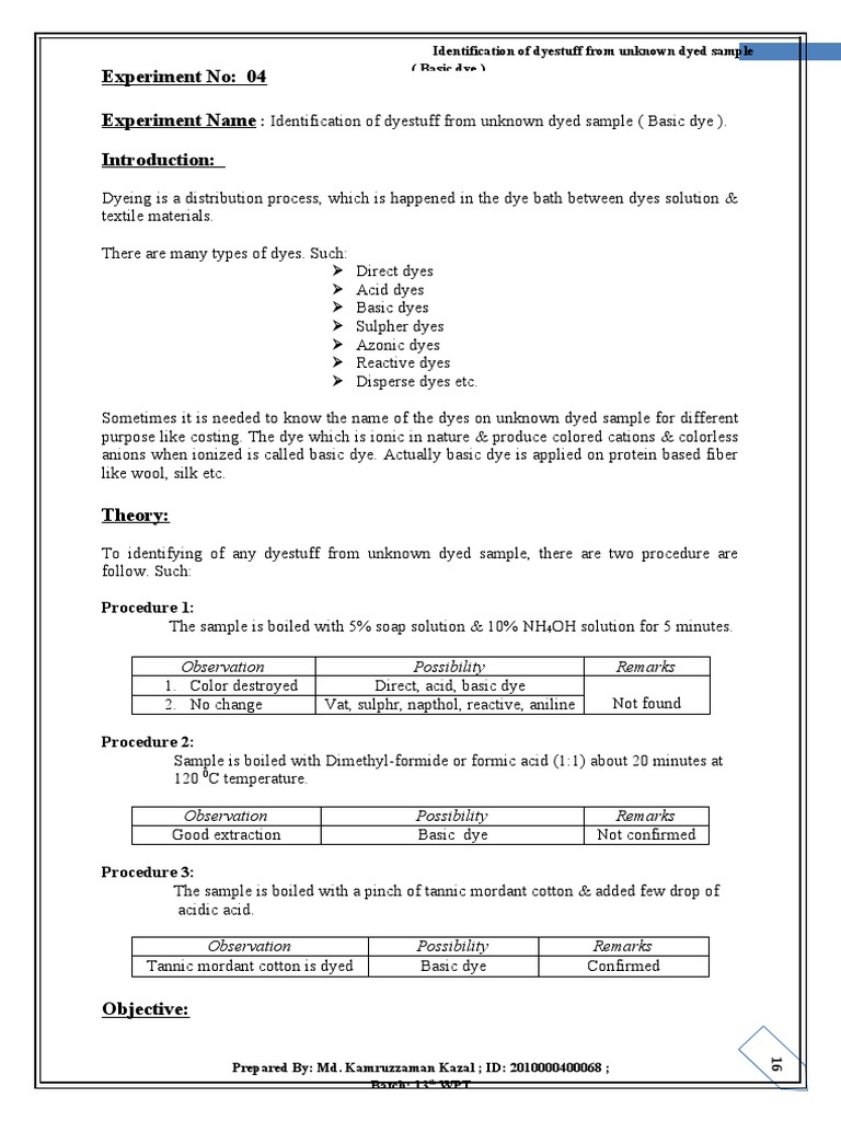 Experiment No: 04 Experiment Name:: Identification of Dyestuff From ...