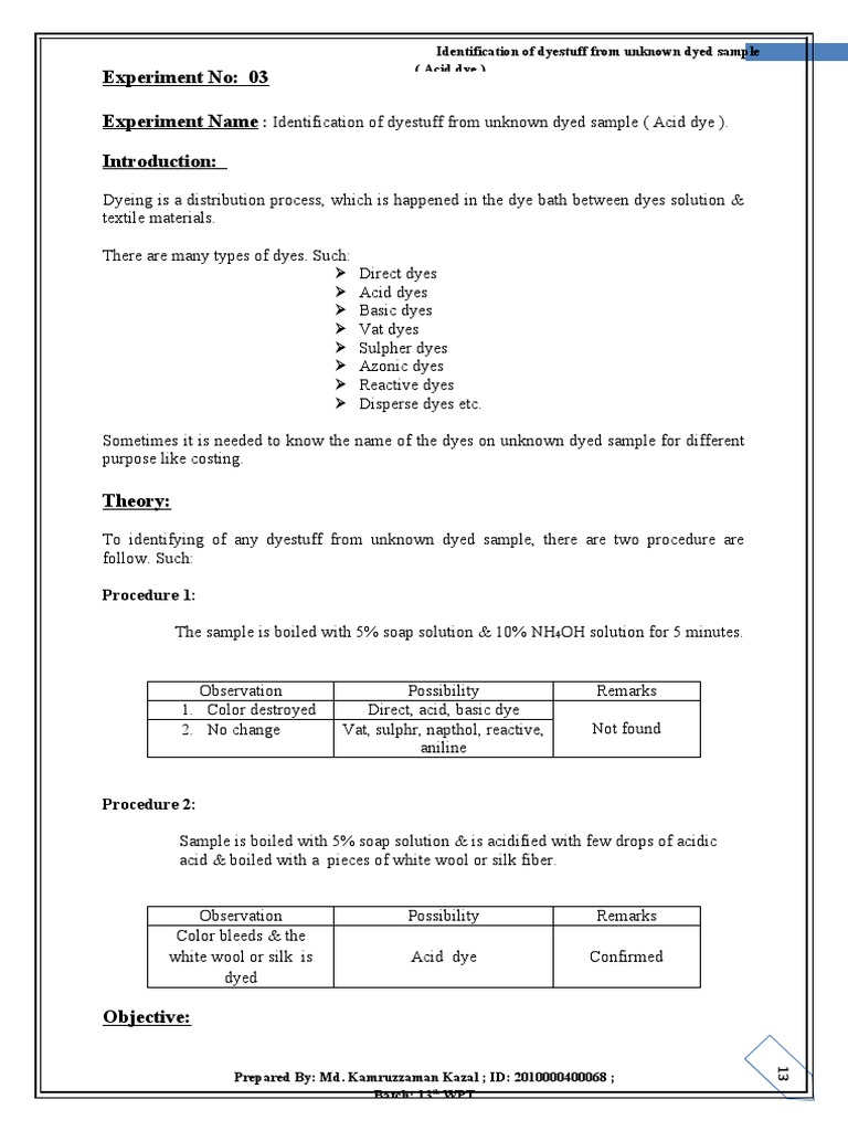 Identification of Dyestuff (Acid) | PDF | Dye | Dyeing