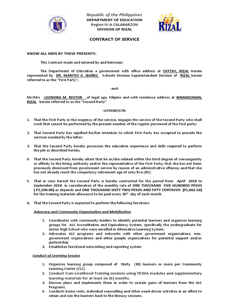 Contract of Service: Republic of The Philippines | PDF