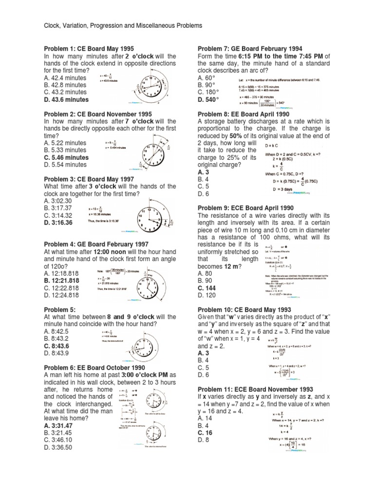 Clock, Variation, Progression and Miscellaneous Problems | PDF | Mean ...