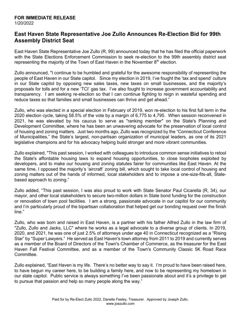 East Haven State Rep. Joseph Zullo, R-99, Reelection Announcement | PDF ...