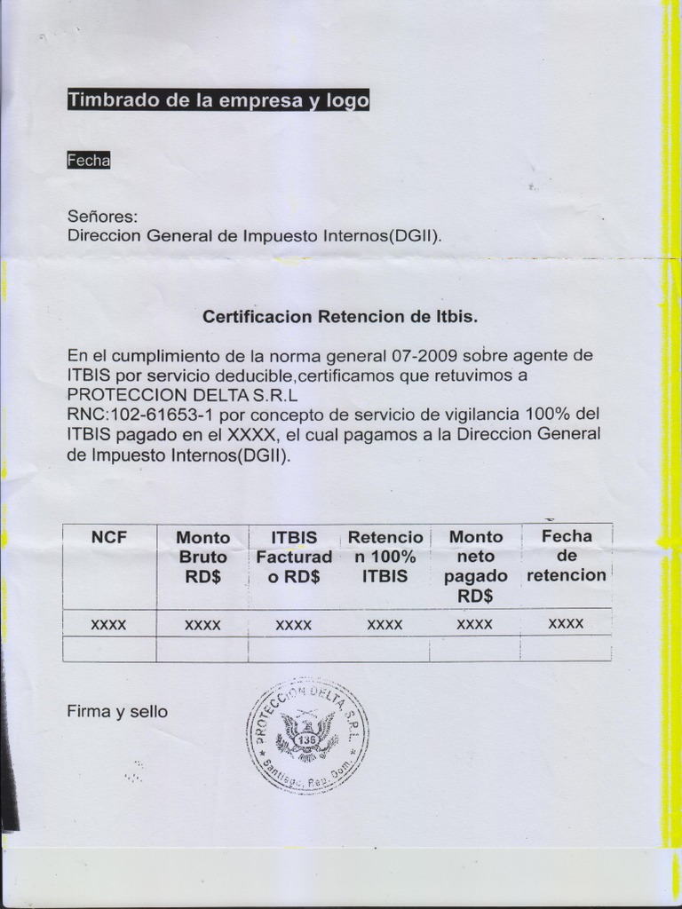 Modelo Certificacion Retencion ITBIS | PDF