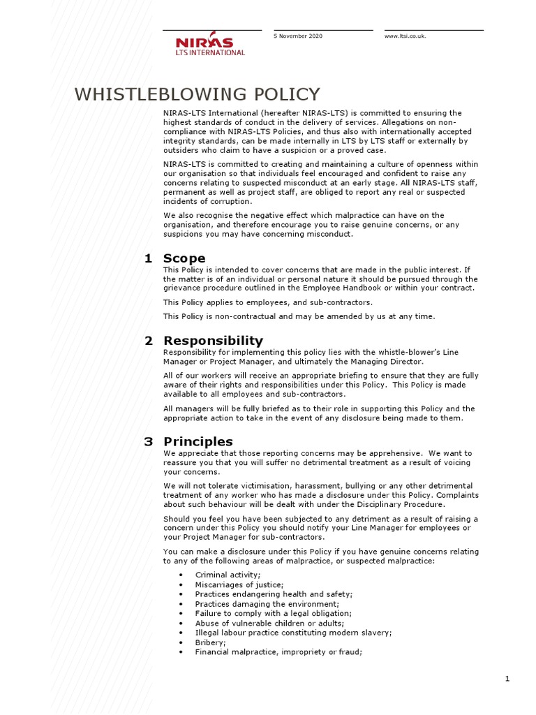 Whistleblowing Policy: 1 Scope | PDF | Whistleblower | Department For ...