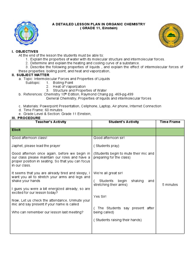 Grade 11 Organic Chemistry Lesson Plan | PDF | Evaporation | Water