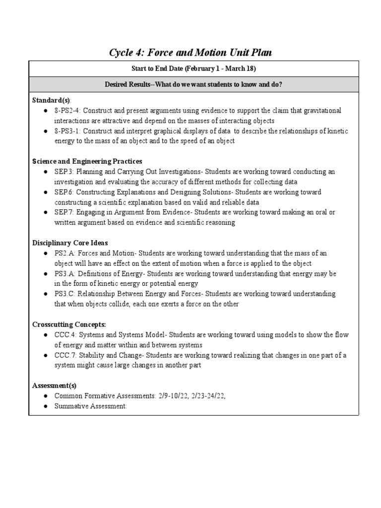 Force and Motion Unit Plan | PDF | Force | Mass