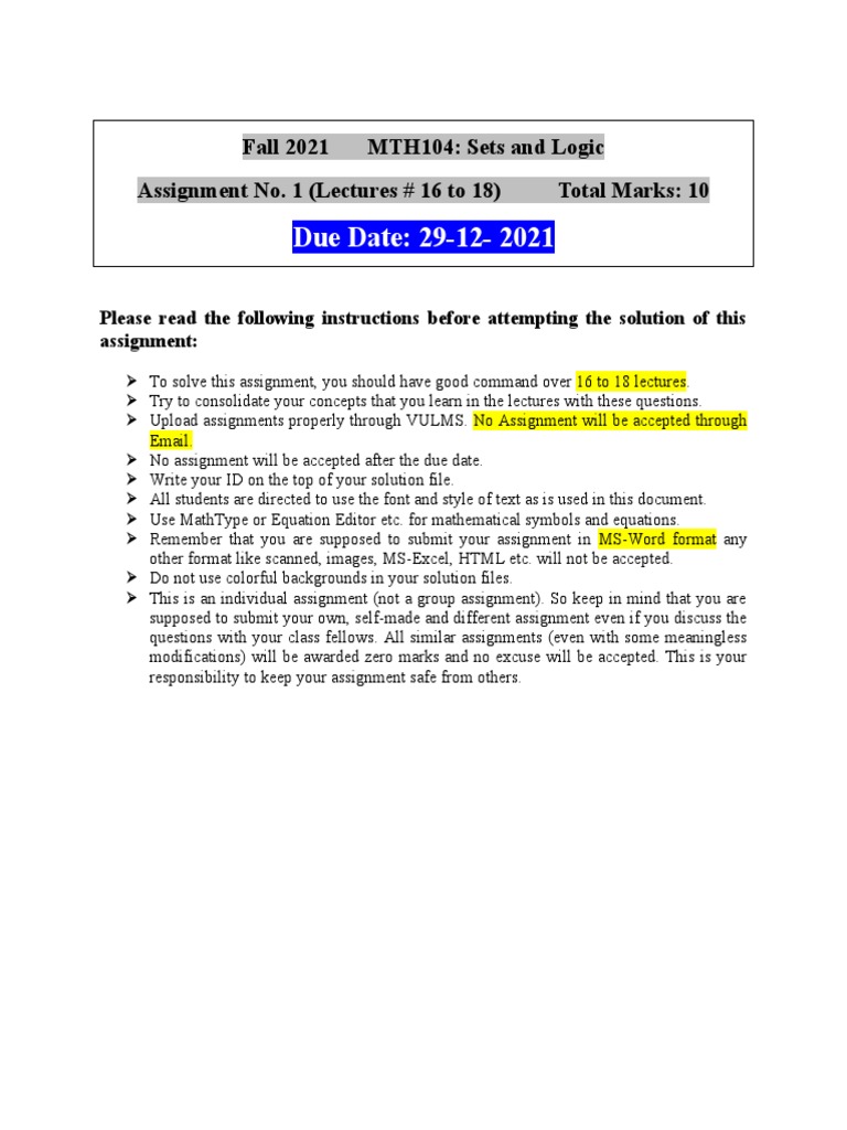 Due Date: 29-12-2021: Fall 2021 MTH104: Sets and Logic Assignment No. 1 (Lectures # 16 To 18 ...