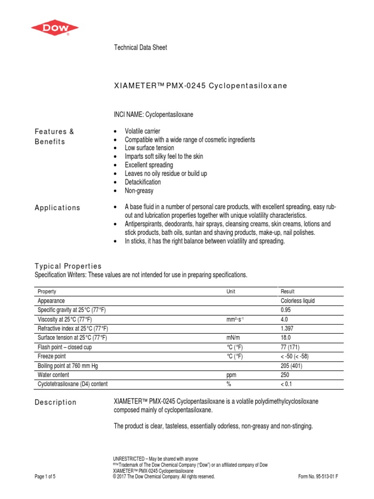 XIAMETER™ PMX-0245 Cyclopentasiloxane: Features & Benefits | PDF ...