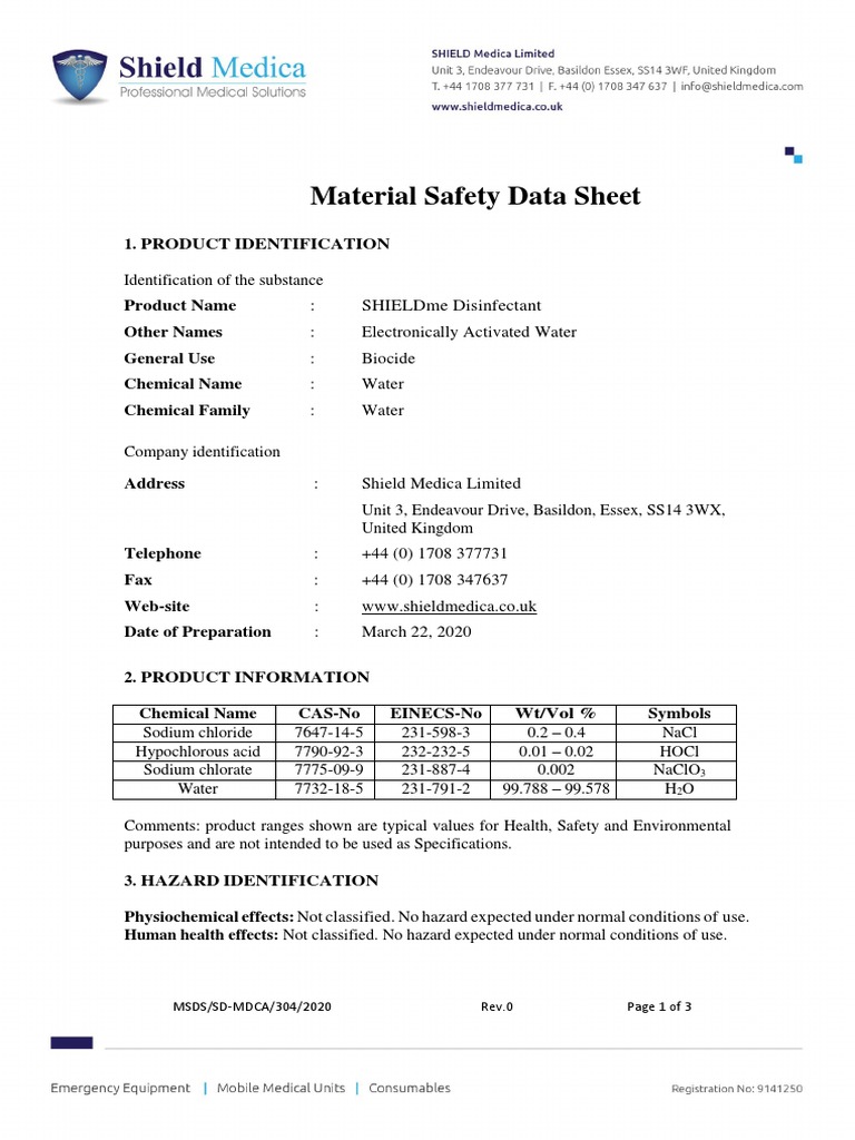 Material Safety Data Sheet for SHIELDme Disinfectant: An Electronically ...
