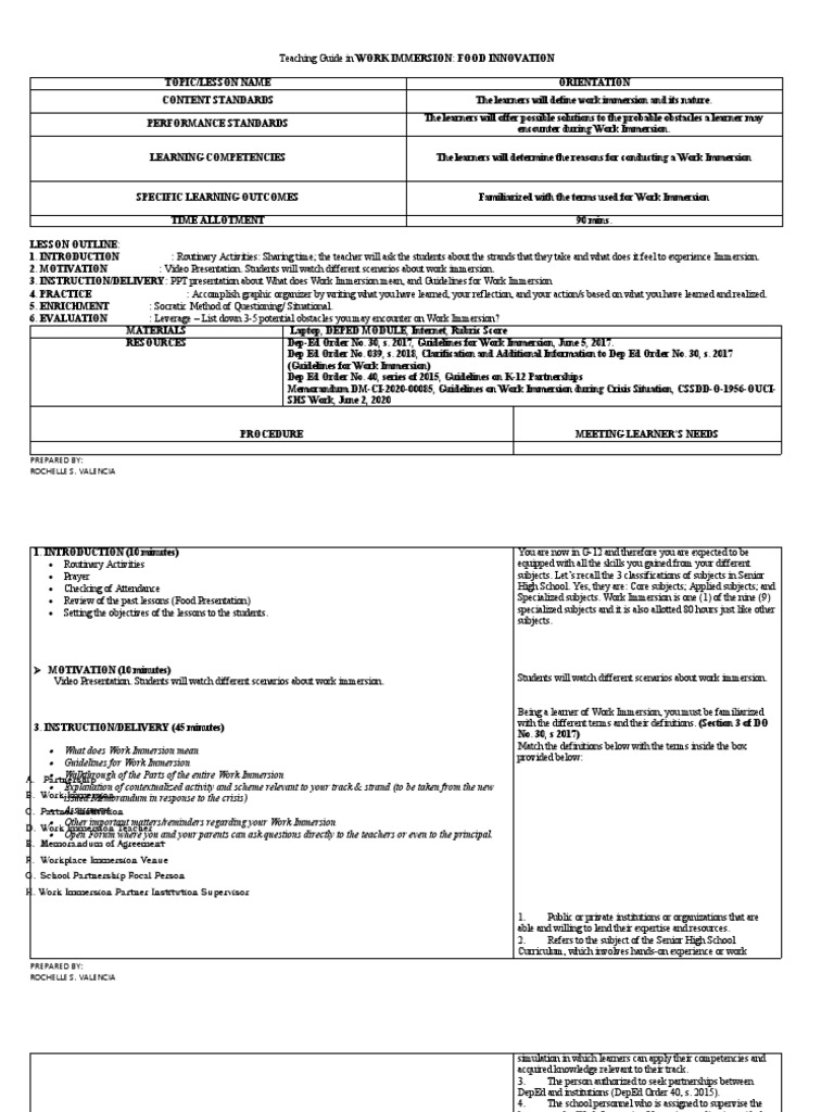 Work Immersion Orientation Guide | PDF | Learning | Reading Comprehension