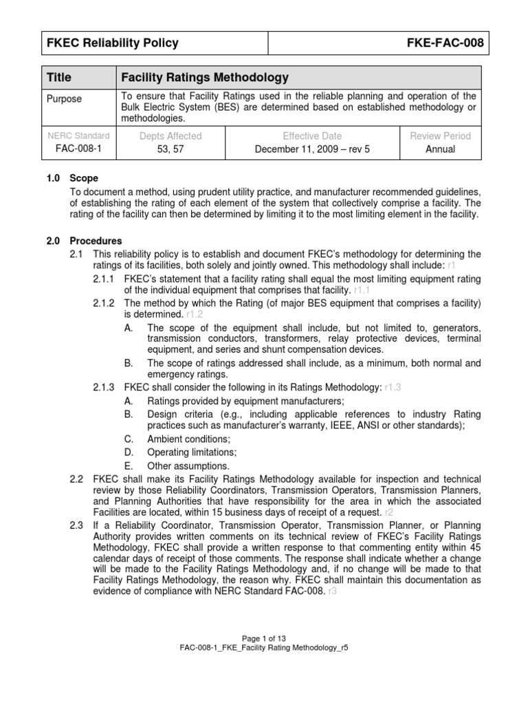 FAC-008-1 FKE Facility Rating Methodology r5 | PDF | Electric Power Transmission | Electrical ...