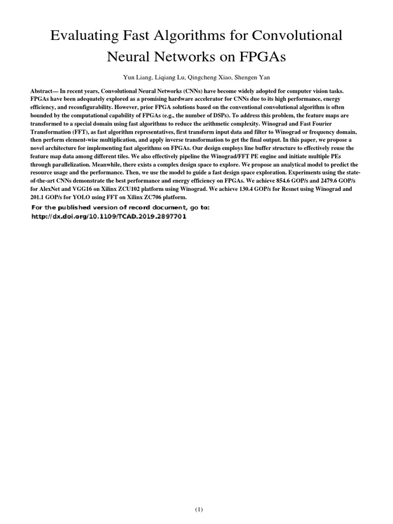 Evaluating Fast Algorithms For Convolutional Neural Networks On Fpgas Pdf Computers