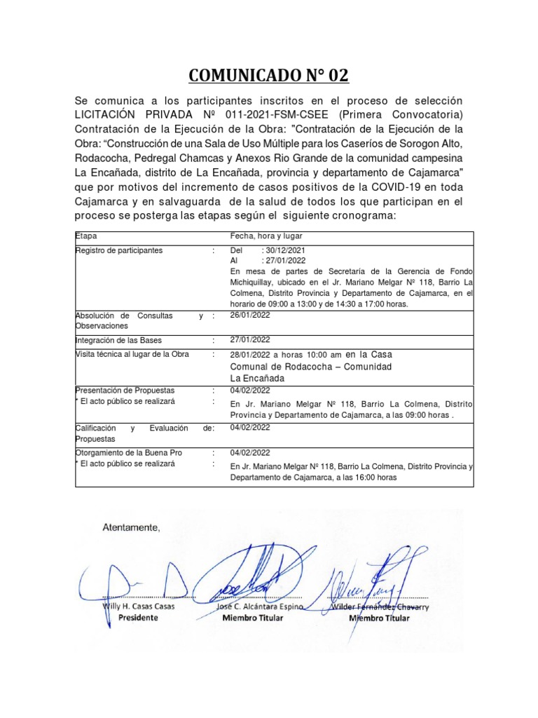 Comunicado 02 LPN°011-2021-FSM-CSEE | PDF