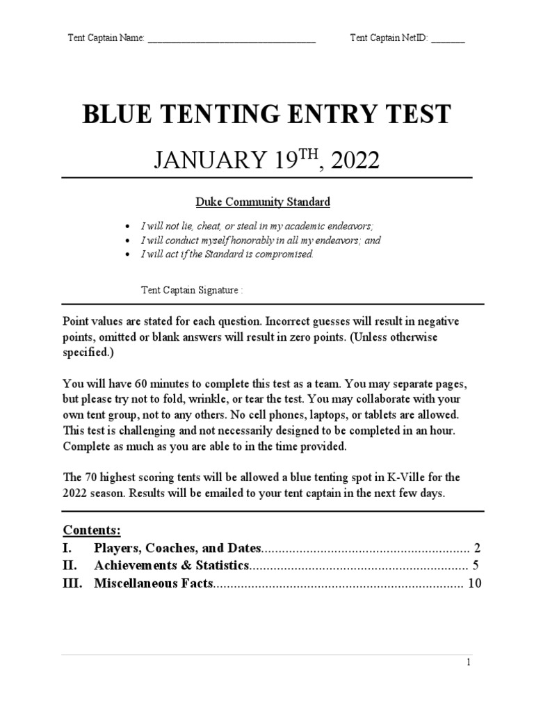 Duke Blue Tenting Entry Test 2022 | PDF | Sports