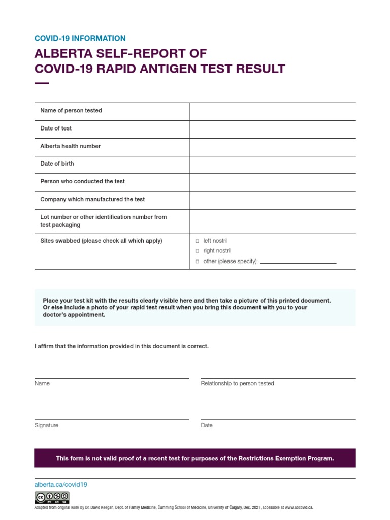 Alberta Self-Report of Covid-19 Rapid Antigen Test Result | PDF