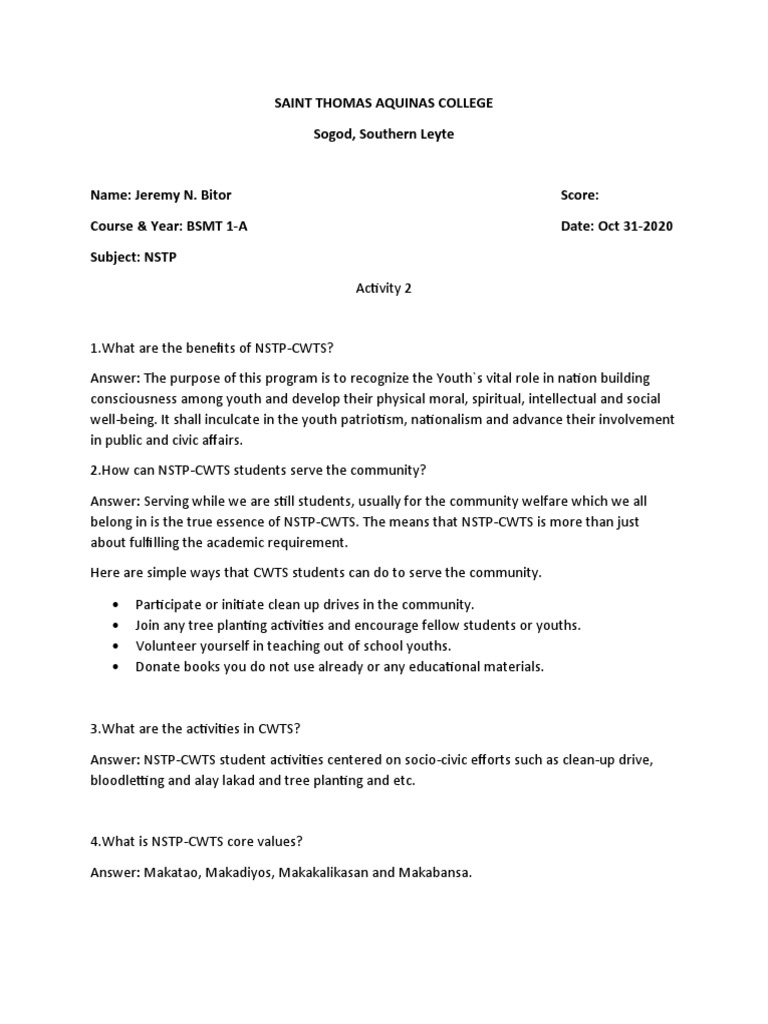 NSTP-CWTS core values and activities at Saint Thomas Aquinas College ...