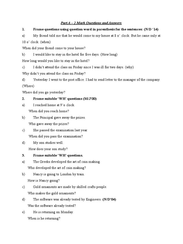 Frame Questions Using Question Word in Parenthesis For The Sentences ...