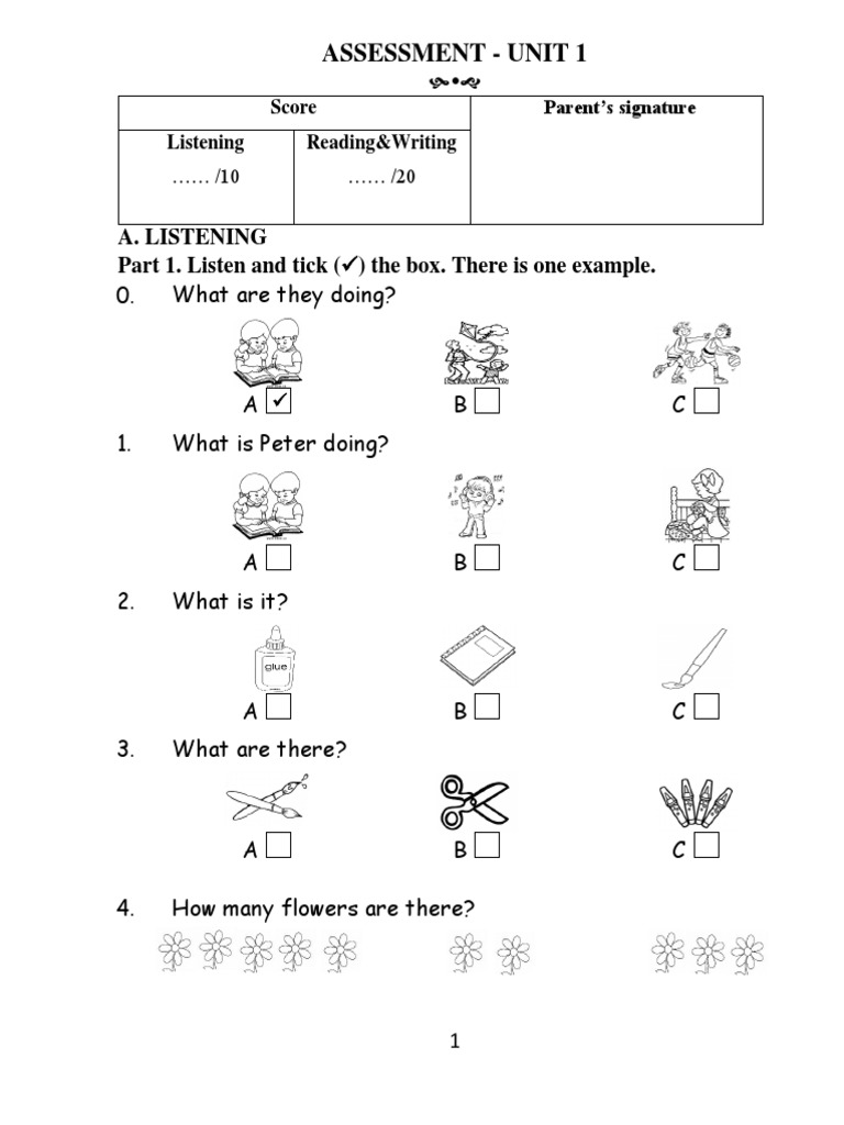 Assessment - Unit 1: A. Listening Part 1. Listen and Tick ( ) The Box ...