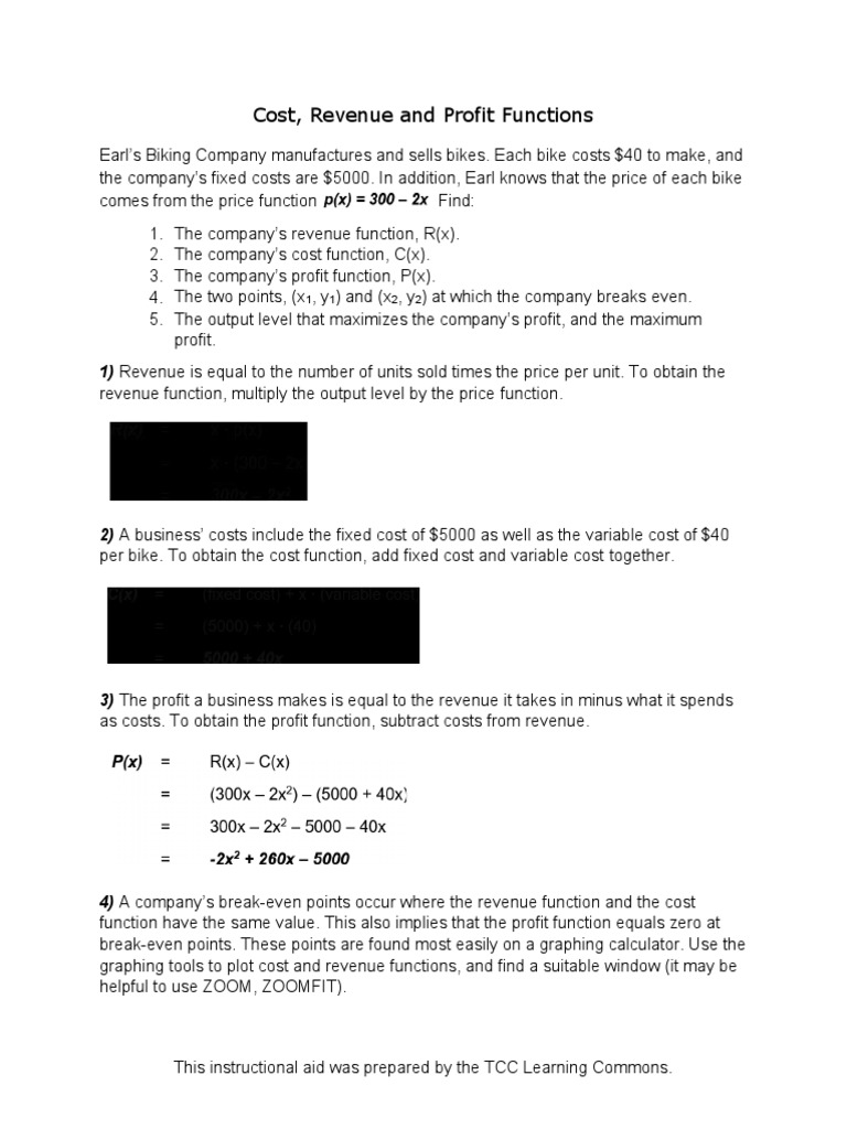Cost, Revenue and Profit Functions | PDF | Mathematical Relations ...