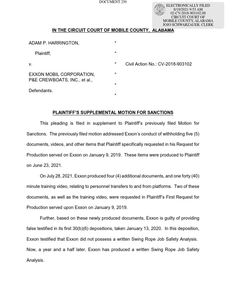 Supplemental Motion For Sanctions | PDF | Deposition (Law) | Exxon Mobil
