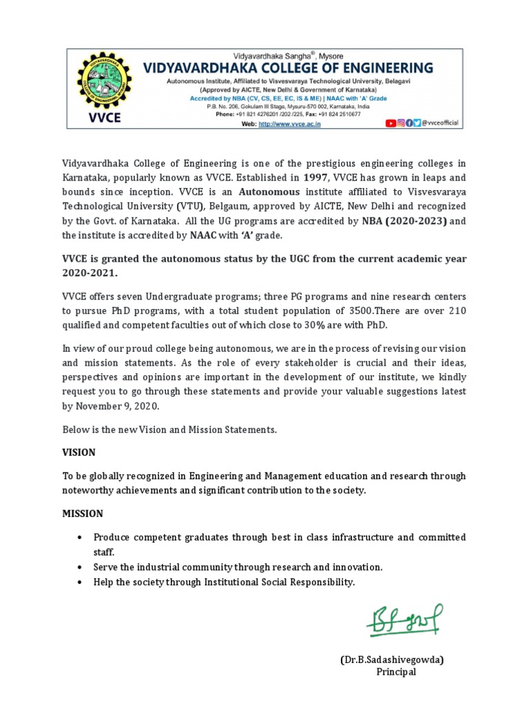 VVCE Is Granted The Autonomous Status by The UGC From The Current ...