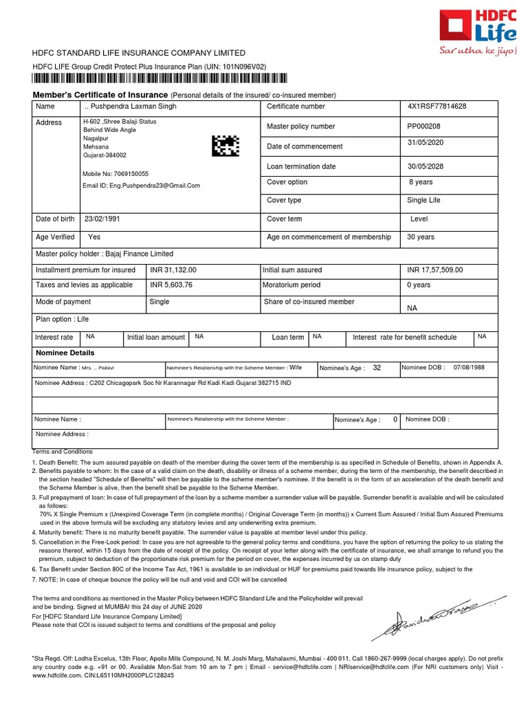 Member's Certificate of Insurance: HDFC Standard Life Insurance Company ...