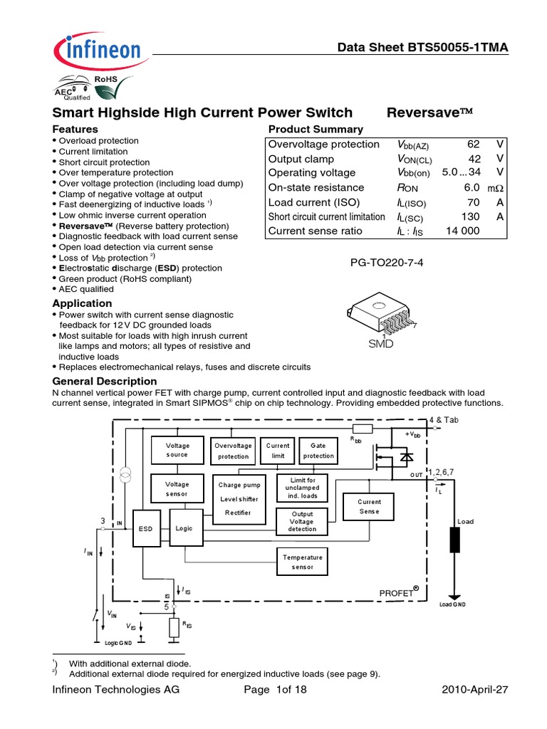 Infineon Bts50055 1tma Ds v01 00 en | PDF | Power Supply | Electrostatic Discharge