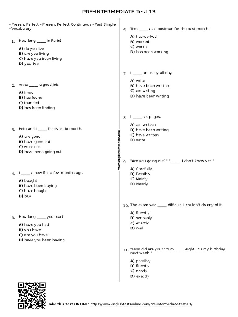 Pre Intermediate Test 13 | PDF