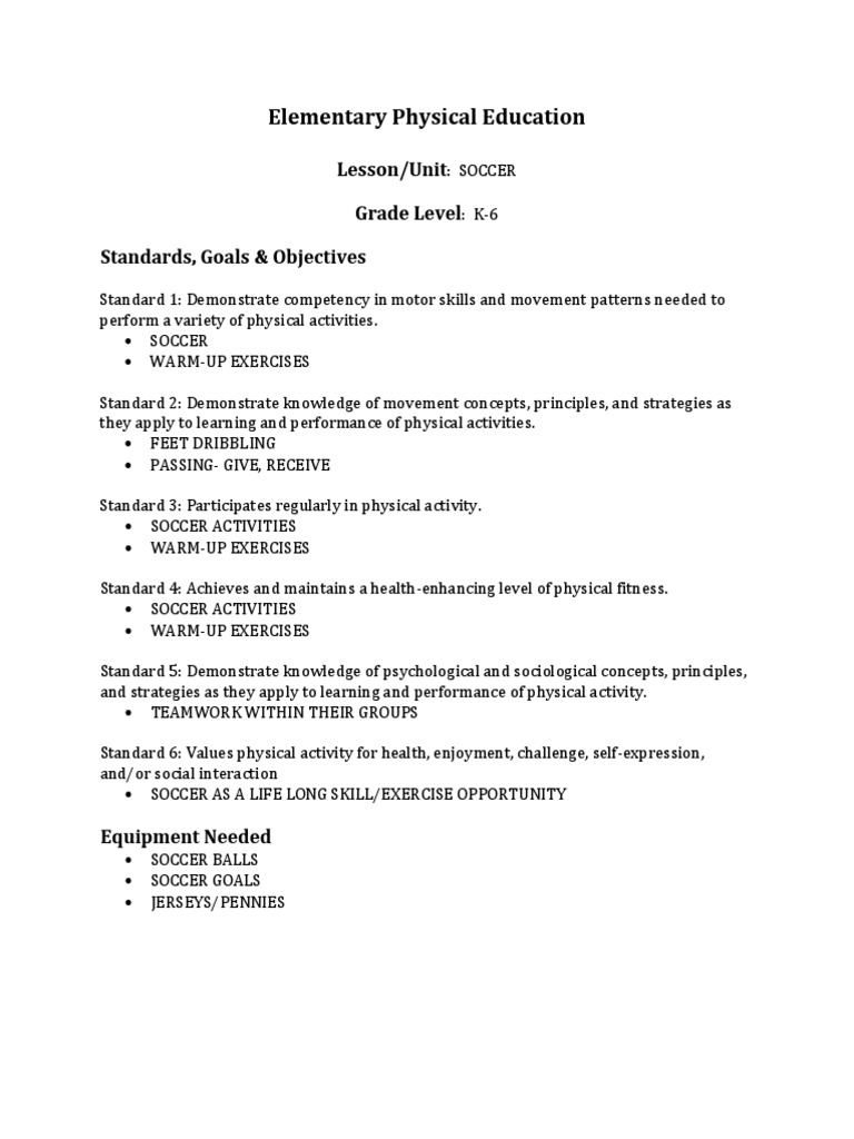 K-6 Soccer Lesson Plan Overview | PDF