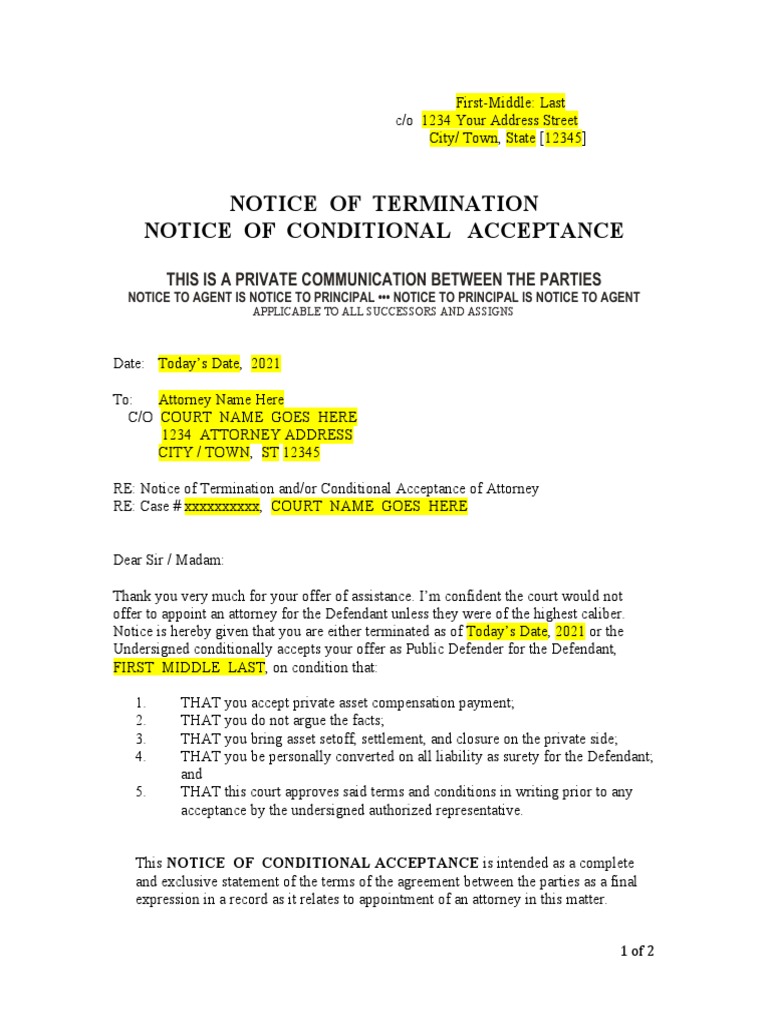 Notice of Termination Notice of Conditional Acceptance | PDF | Lawyer ...