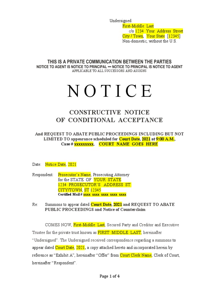 Constructive Notice of Conditional Acceptance Template | PDF | Affidavit | Notary Public