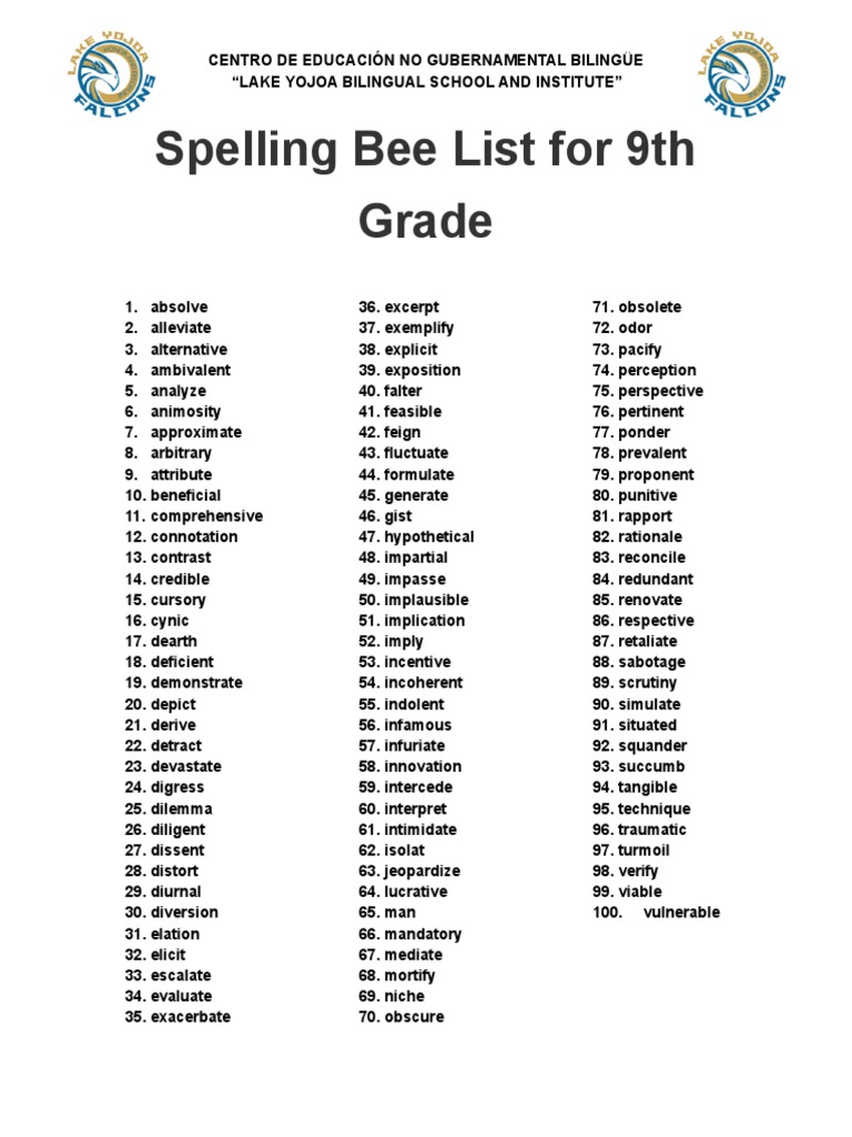 9th Grade Spelling Bee Word List | PDF