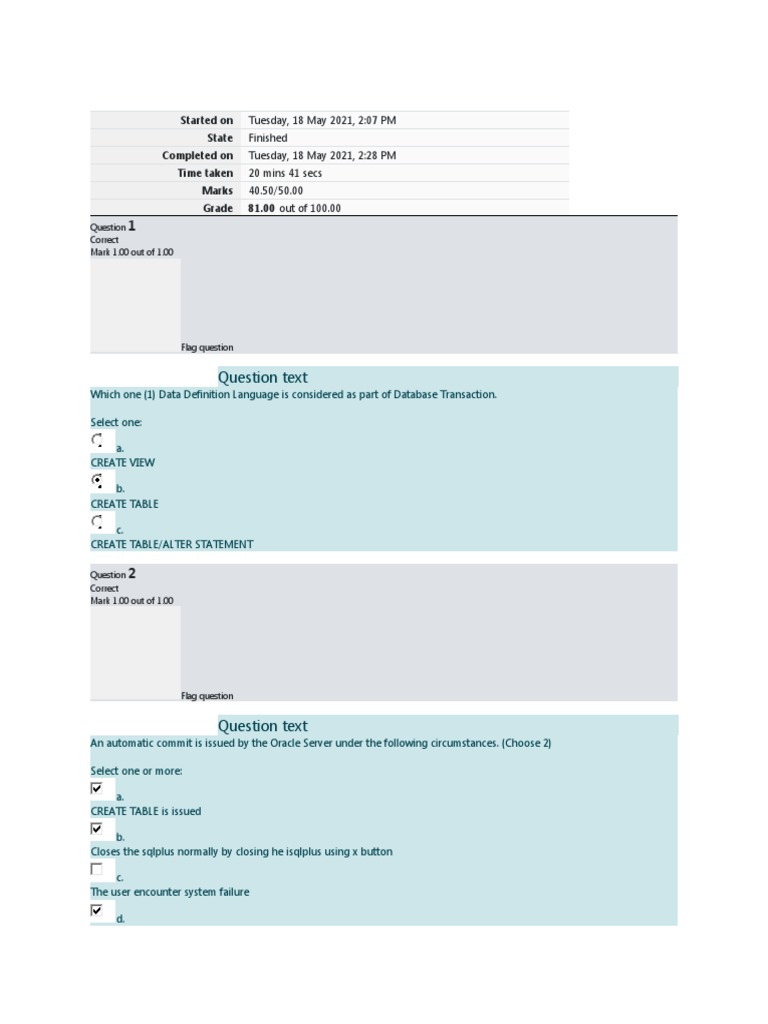 Database Mid Exam | PDF | Databases | Database Transaction