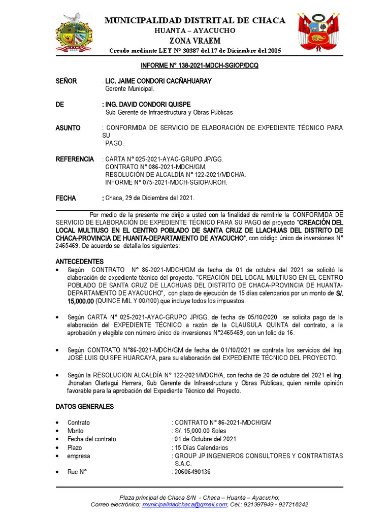 Informe #096-2021 - Conformidad Por Elaboracio de Ficha Tecnica Chaca | PDF