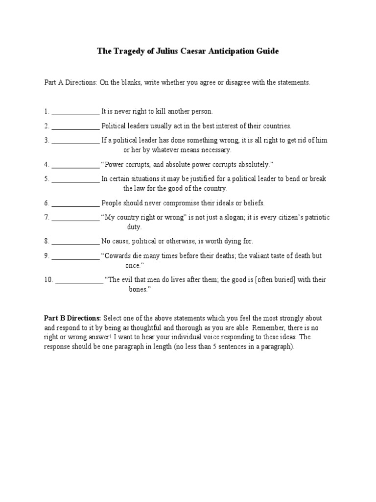 Julius Caesar Anticipation Guide | PDF | Politics | Social Science