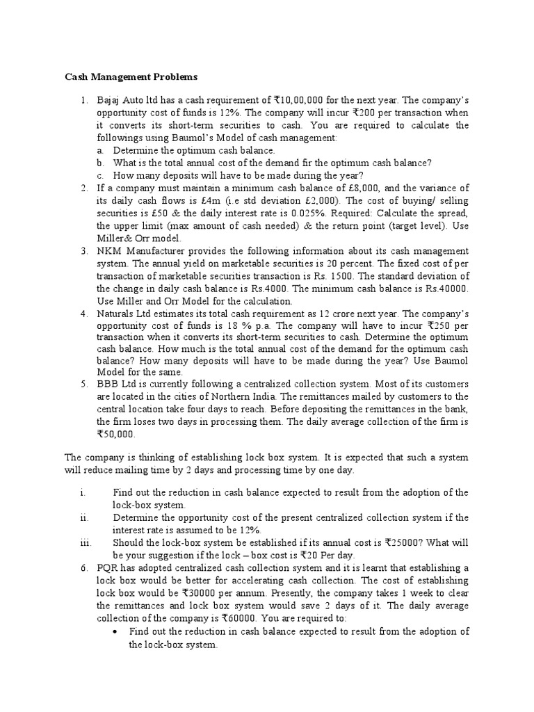Cash Management Questions | PDF | Float (Money Supply) | Banks