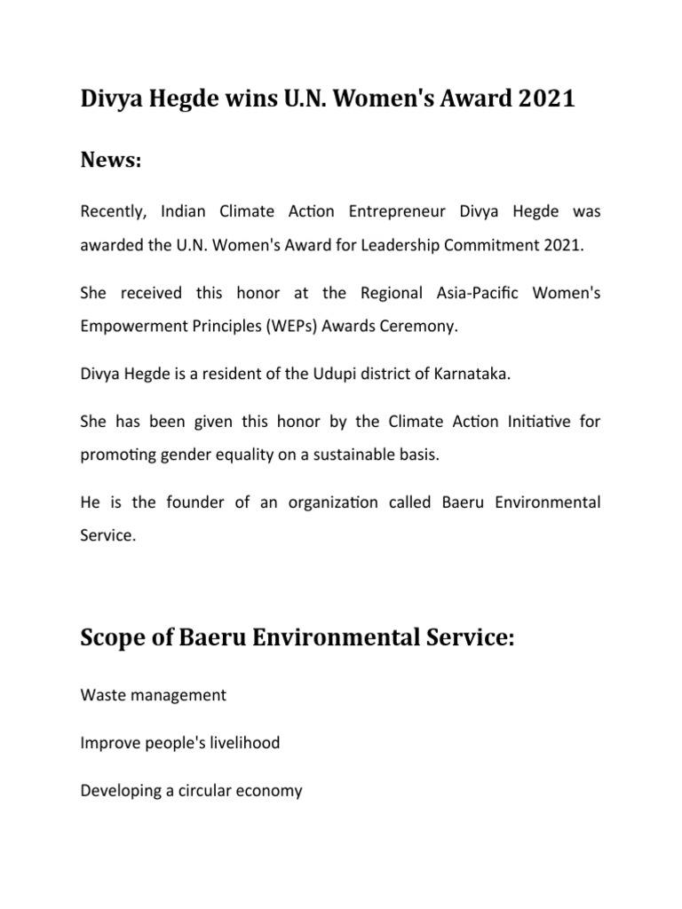 Divya Hegde Wins U.N. Women's Award 2021 | PDF | Career & Growth