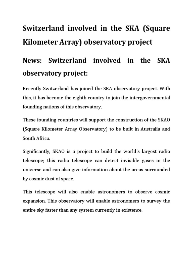 Switzerland Involved in The SKA (Square Kilometer Array) Observatory ...