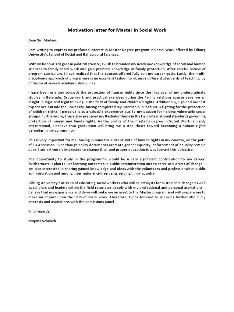 Motivation Letter Master Social Work | PDF | Social Work | Academic Degree