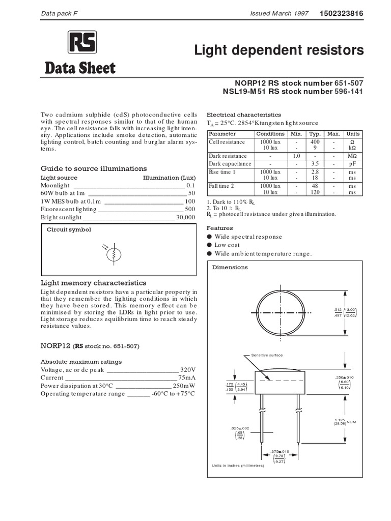 Data Sheet: Light Dependent Resistors | PDF | Electrical Resistance And Conductance | Lighting