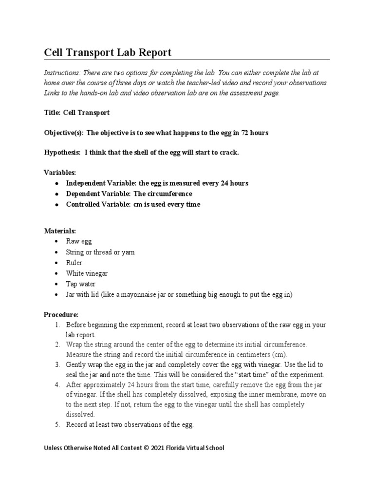 Cell Transport Lab Report | PDF | Cognition