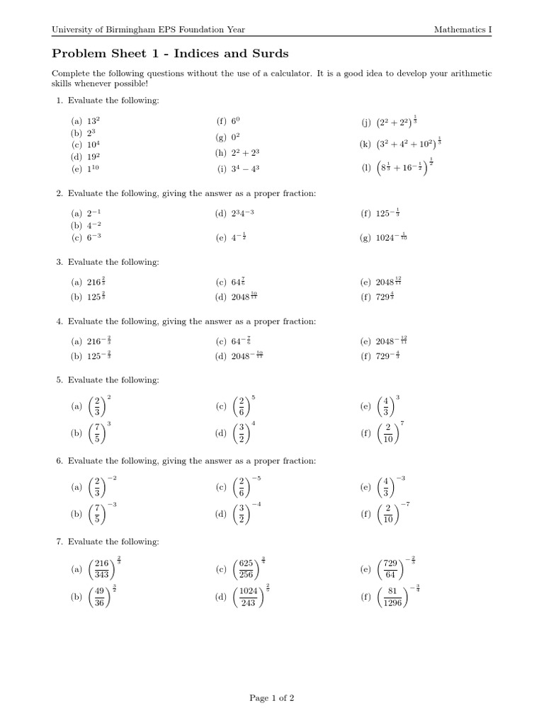 Problem Sheet 01 Indices and Surds | PDF | Mathematics | Science