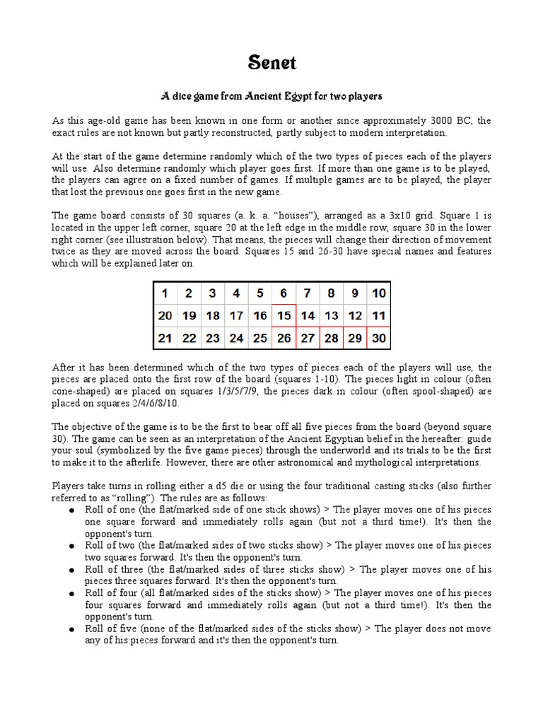Senet: A Dice Game From Ancient Egypt For Two Players | PDF | Dice
