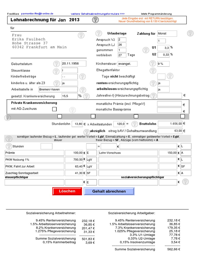 Formular Gehaltsabrechnung 2013 | PDF